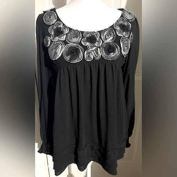 ECI | Tops | Eci Sheer Sleeve Fabric Flower Detail Blouse Size L | Poshmark